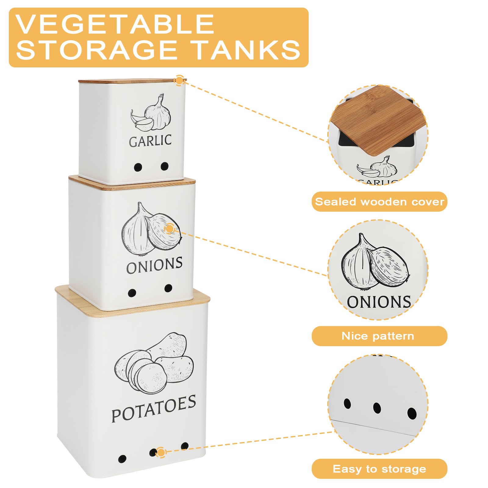 Moondust Wj 3 Pack Vegetable Storage Tins,Potatoes Storage,Metal Onion and Potato Storage Bins,Kitchen Potato and Onion Storage Bin,Onion Storage Containers with Aerating Holes and Wooden Lid.