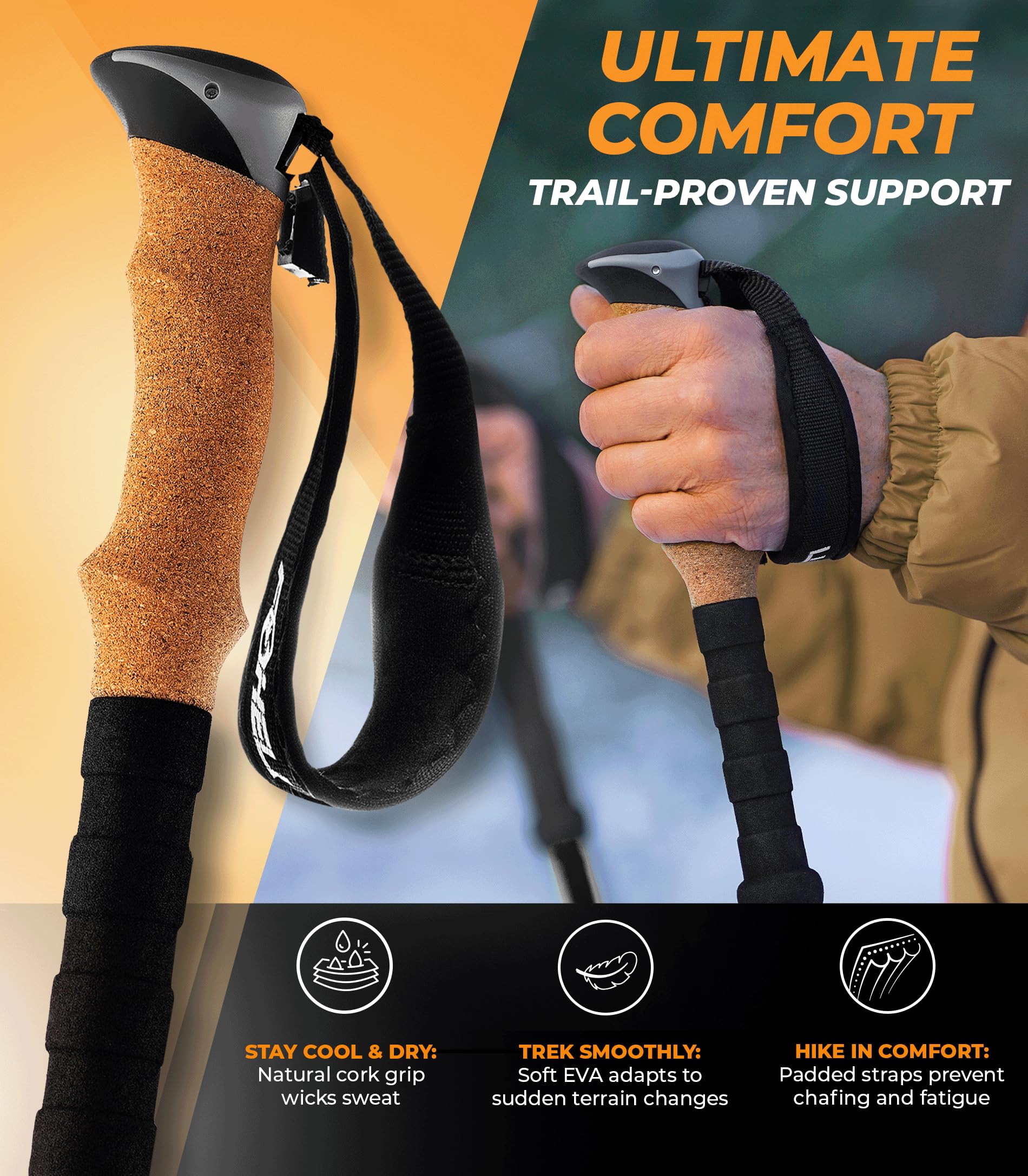 Foxelli Hiking Poles β Lightweight & Collapsible with Comfortable Cork Grips, Easily Adjustable for All Heights, Includes Carry Bag and Accessories