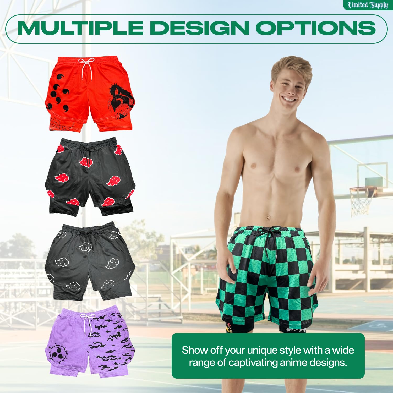 FOR KINGS. BY KINGS CROWN LMTD SUPPLY Anime Shorts - Breathable Mesh Stretch Compression Gym Short with Pockets and Towel Holder (L-GreenT)
