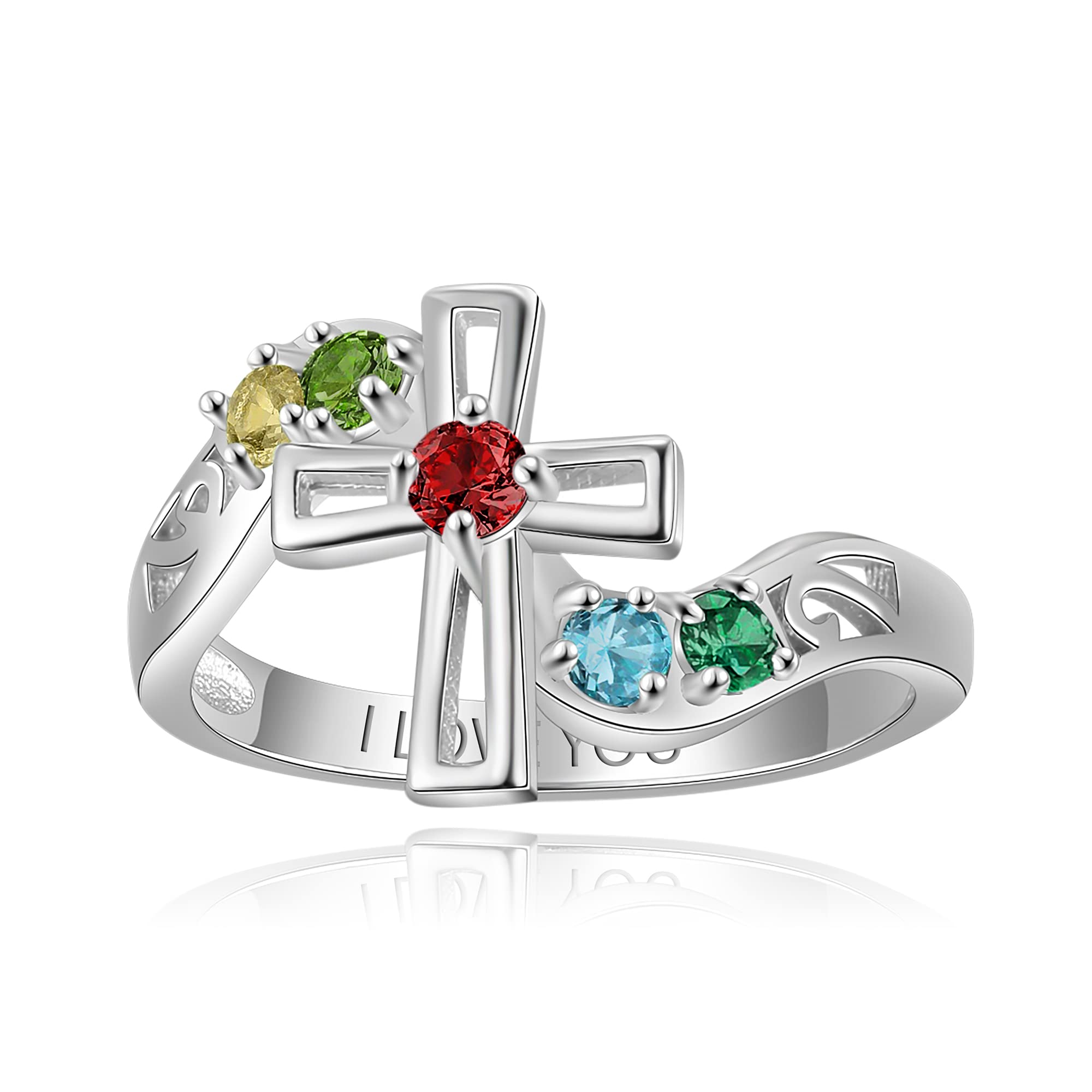 GLAMCARAT Personalized solid silver Cross ring with name and birthstones engraved ring for her religious jewelry Christian customized ring for women