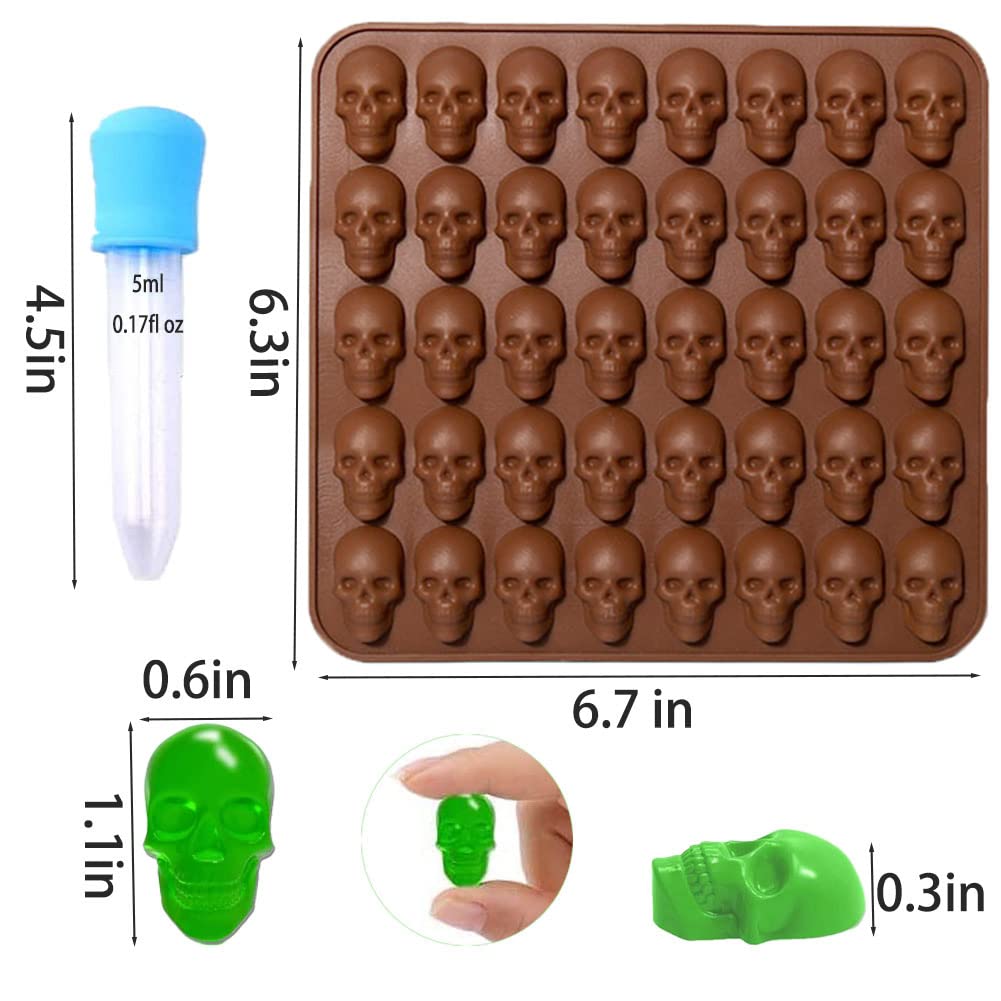Gummy Skull Candy Molds,3-Pack 40 Cavity Silicone Skull Molds with 2 Droppers for Gummy,Candy,Jelly,Chocolate,Wax Melt,Dog Treats,Ice Cube