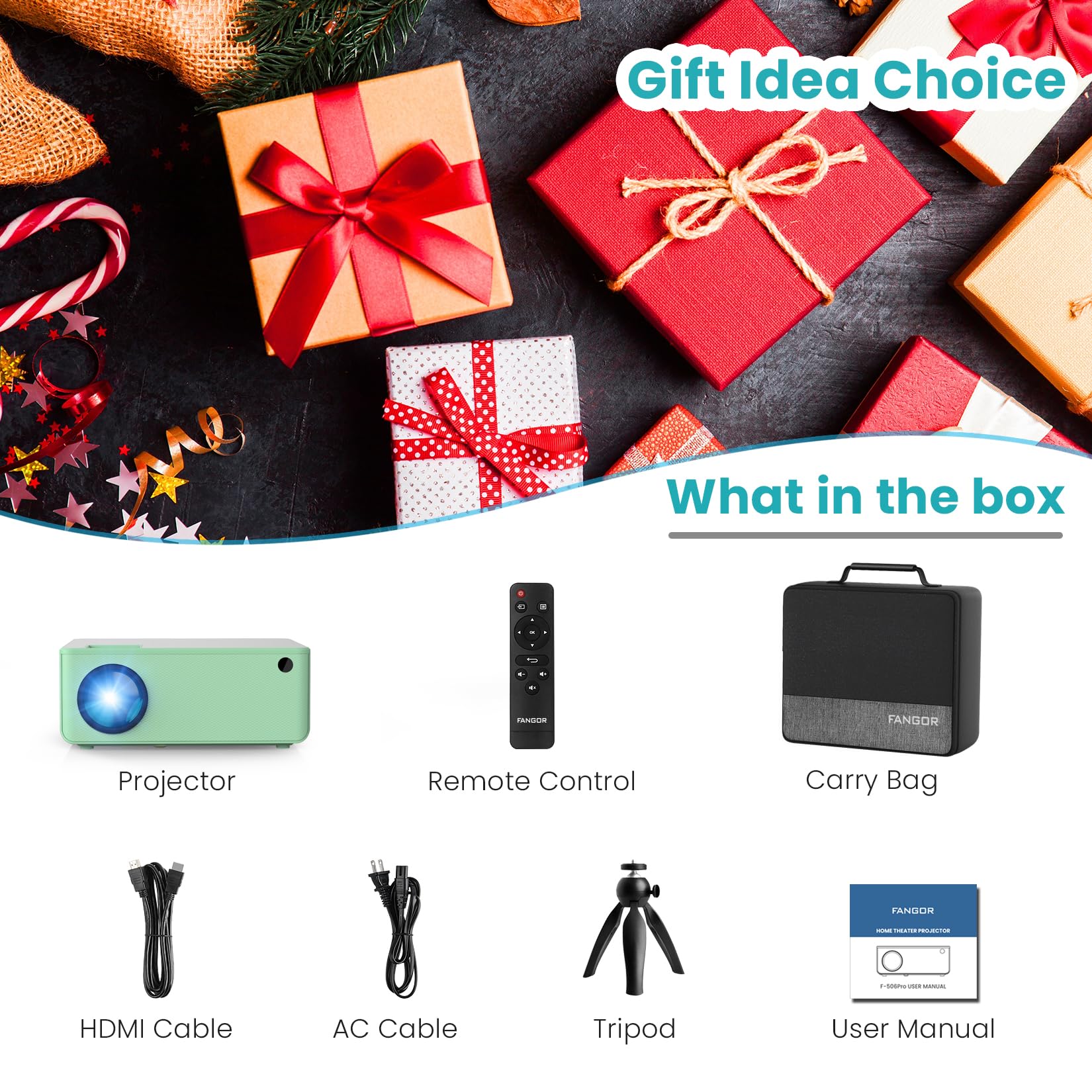 FANGOR 1080P HD Projector, WiFi Bluetooth Projectors, Max 230” Projection Screen Portable Home Theater Video Movie Proyector With Tripod, Compatible with HDMI, USB, Laptop, iOS & Android Phone