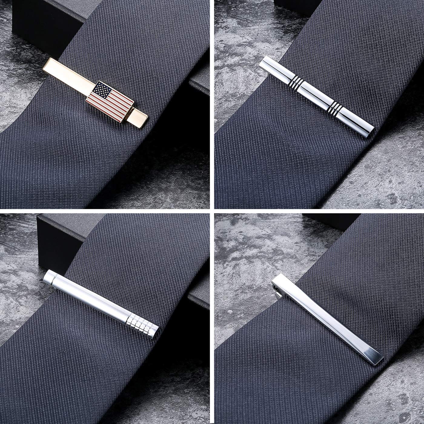 Finrezio 10 Pcs Tie Clips for Men Tie Bar Clip Set for Regular Ties Black Gold Red Navy Blue Silver American Flag Necktie Wedding Business Clips with Gift Box