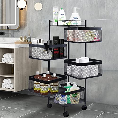 Rotating Kitchen Storage Shelf Rack, Multi-Layer Rotating Organizer Storage Basket, Floor-Standing Rolling Rack Multifunctional Household Shelf for Kitchen,Bedroom,Bathroom,Living Room(5-Tier,37in)