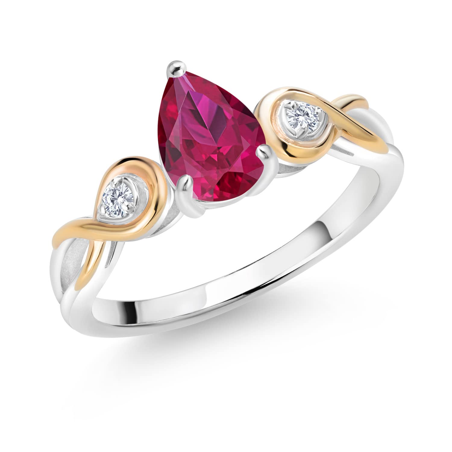 Gem Stone King 925 Sterling Silver and 10K Yellow Gold Pear Shape Red Created Ruby and White Lab Grown Diamond Women Ring (1.30 Cttw, Available In Size 5, 6, 7, 8, 9)