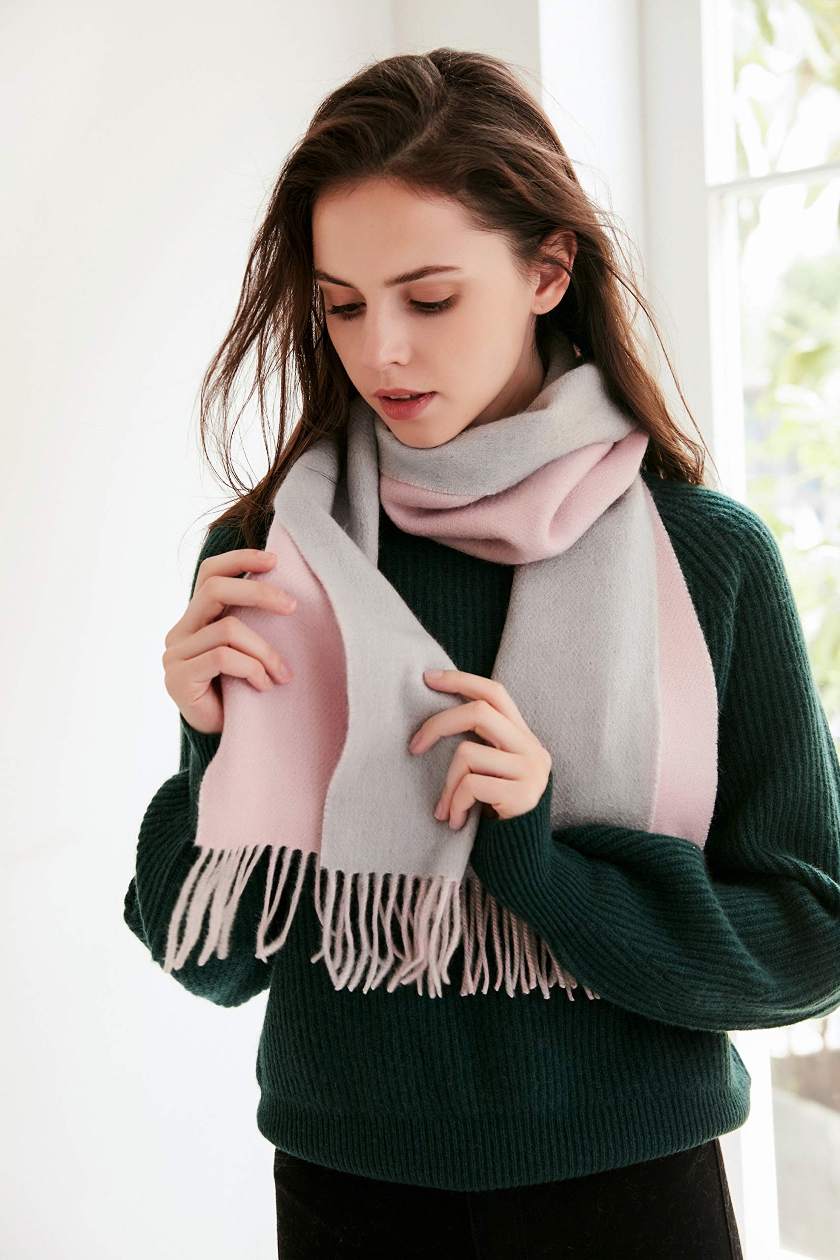 EURKEA 100% Cashmere 2023 Winter Collection, Women Fringed Edges Scarf, Gift Ready, Colors Available in Solid/Plaid/2-Tone, Pink and Light Grey, Free Size