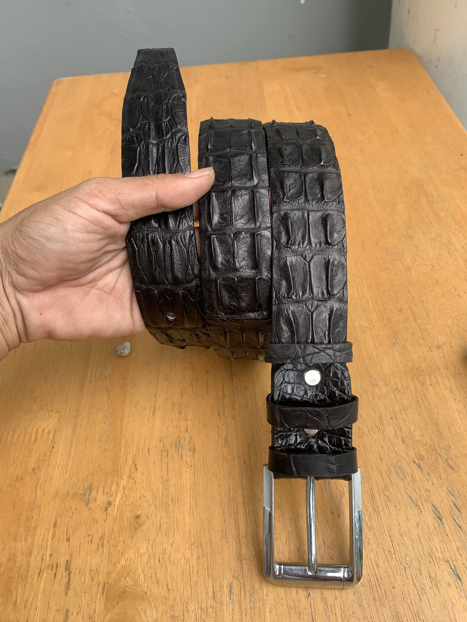 Genuine crocodile hornback back bone leather skin Belts buckle for men, real Alligator Men's belt, strap width 1.57" (Black, Waist size 38)