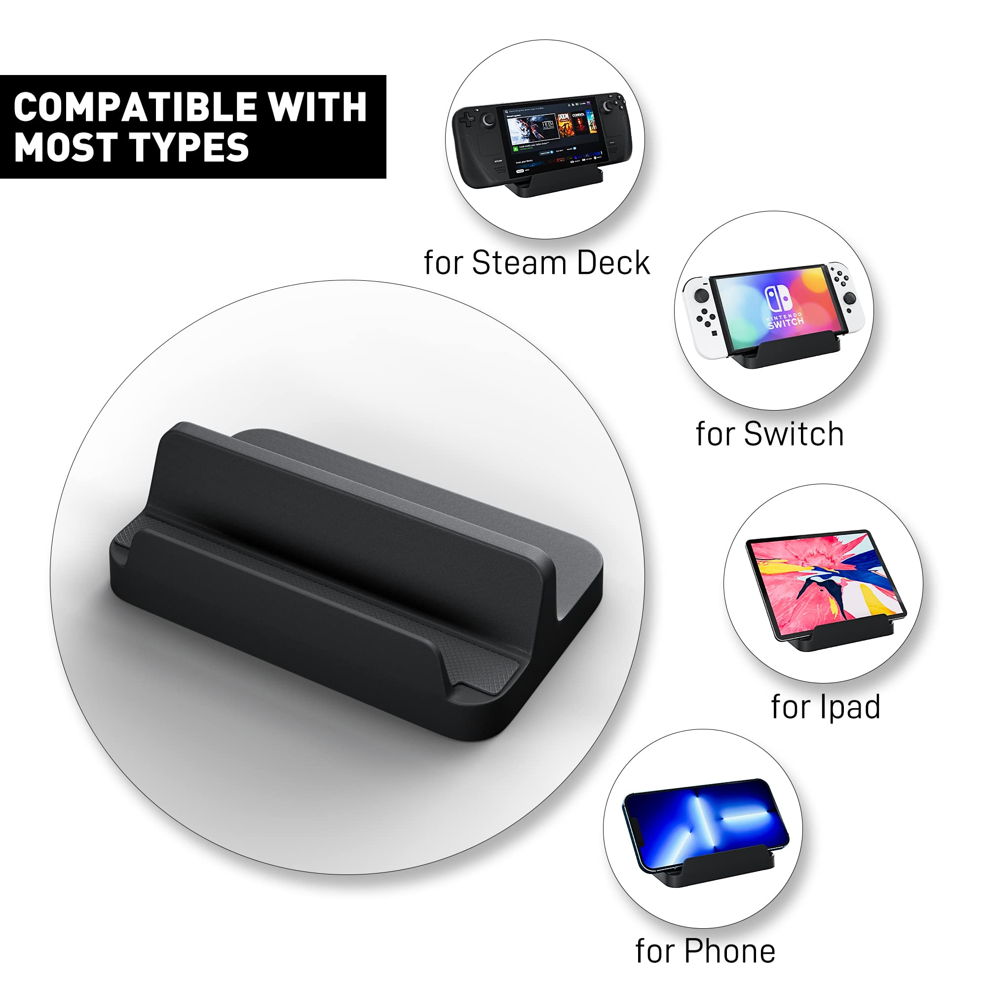 GLDRAM Stand Dock Compatible with Valve Steam Deck 2021, Black Stand Base for Steam Deck with 6 Thumb Caps, Sturdy Metal Dock, Non-slip Silicone Pads, Stand for Steam Deck, Switch, Phone