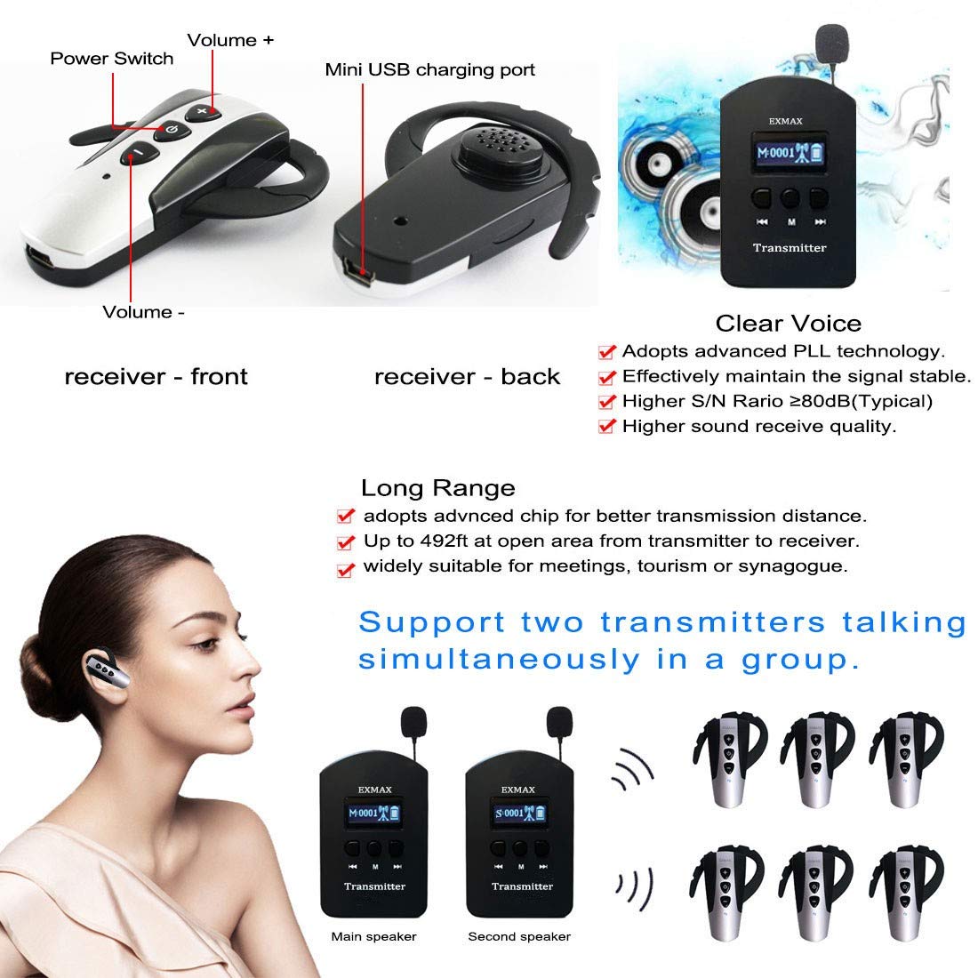 EXMAX EXD-6824 2.4GHz Wireless Audio Tour Guide Headset Systems up to 1-150M Transmission Range for Conference Church Travel Training hajj - 4 Transmitters & 60 Receivers with 64-Slot Charging Case
