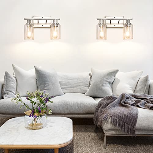 ShineTech 2-Light Bathroom Vanity Light Fixtures, Modern Vanity Lights with Clear Glass Shade, Brushed Nickel Bathroom Wall Light, Wall Sconce Wall Lamp for Mirror Kitchen Living Room Bedroom Hallway