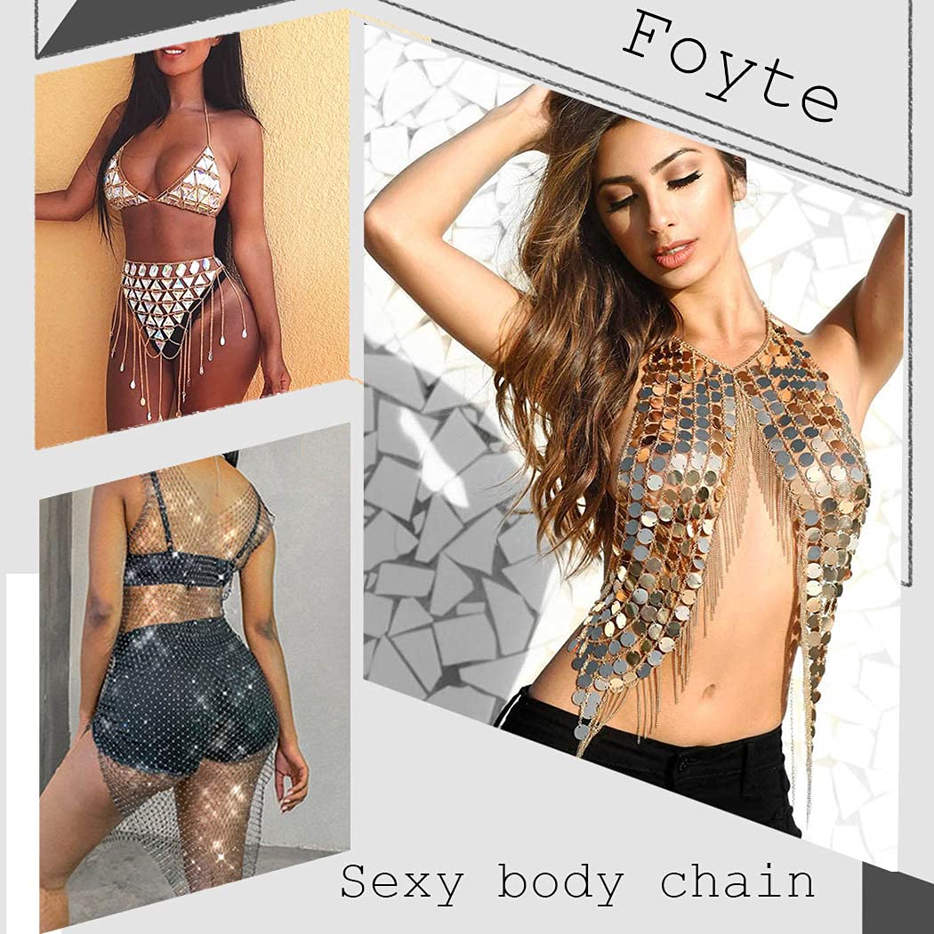 Fairyu Boho Sequins Body Chain Bra Bikini Shimmer Backless Halter Crop Top Beach Body Jewelry Accessory for Women and Girls (Gold)