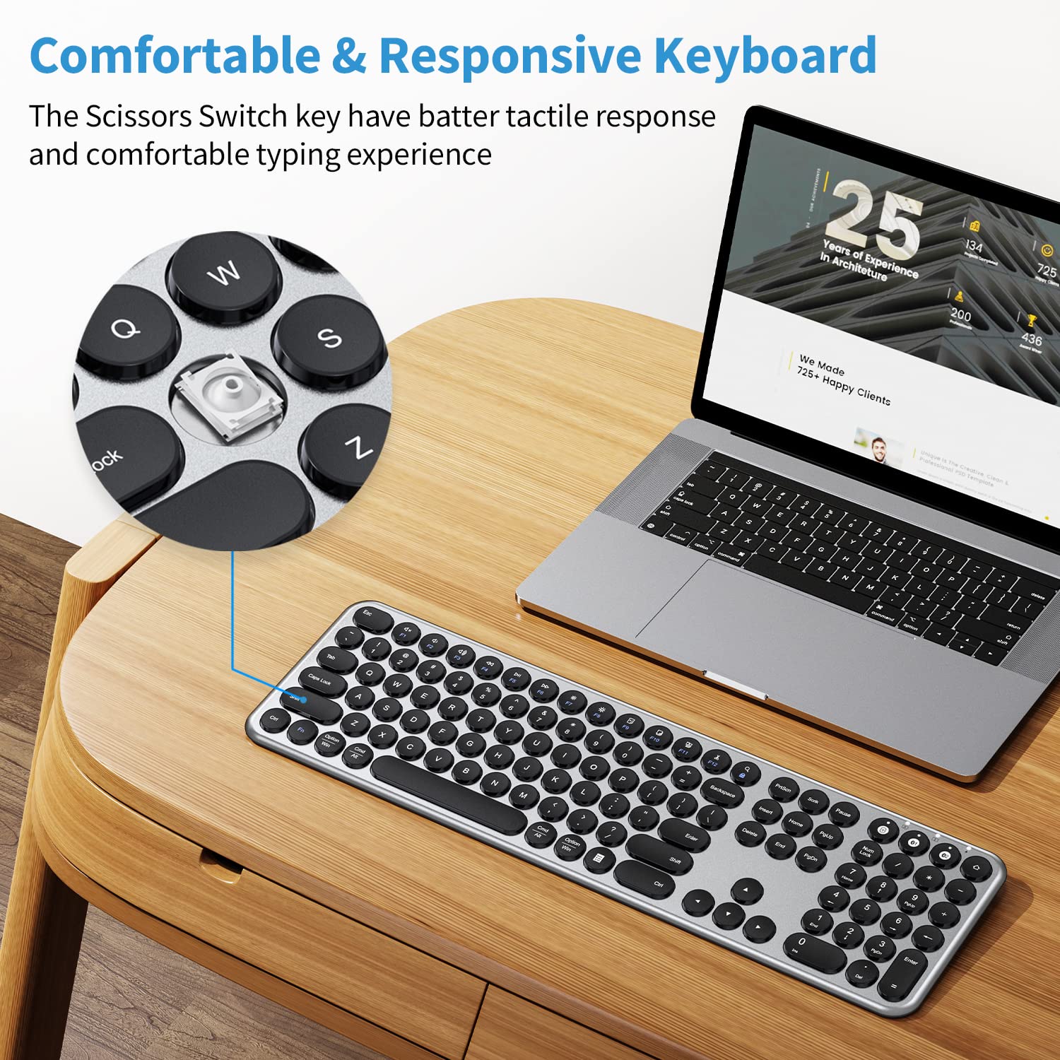 ZYTUA Multi-Device Bluetooth Keyboard, Dual Mode (Bluetooth & 2.4GHz) Full Size Rechargeable Wireless Keyboard with Round Keys, Support 3 Devices for Windows/iOS/Mac OS/Android