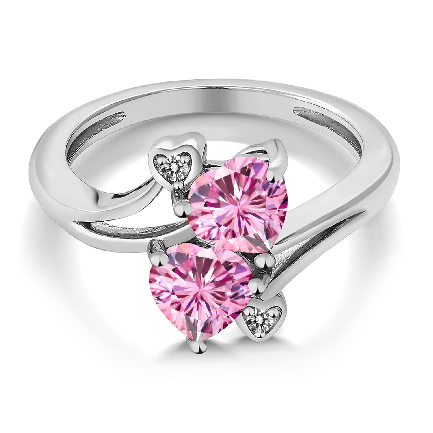 Gem Stone King 925 Sterling Silver Pink Moissanite and White Diamond Ring For Women (1.63 Cttw, Heart Shape 6MM, Gemstone Birthstone, Available In Size 5, 6, 7, 8, 9)
