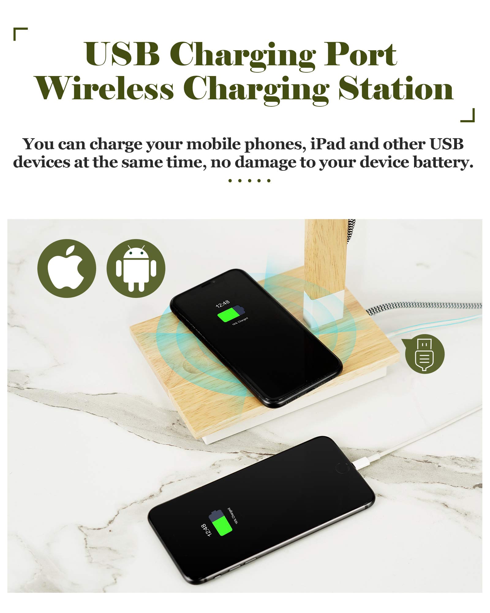ELYONA Wireless Charging White Desk Lamp, Touch Control Rubber Wood Table Lamp with USB Charging Port, Swing Arm Reading Task Lights for Office, Dorm, Living Room Bedroom, Farmhouse, Bulb Included