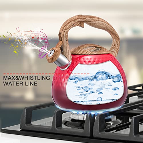 Tea Kettle, Stovetop Teapot, 2.7 Quart, Loud Whistle, Food Grade Stainless Steel and Smooth Wood Pattern Handle, Sophisticated Look for Hiking, Picnic, for Tea, Coffee, Milk (Red)