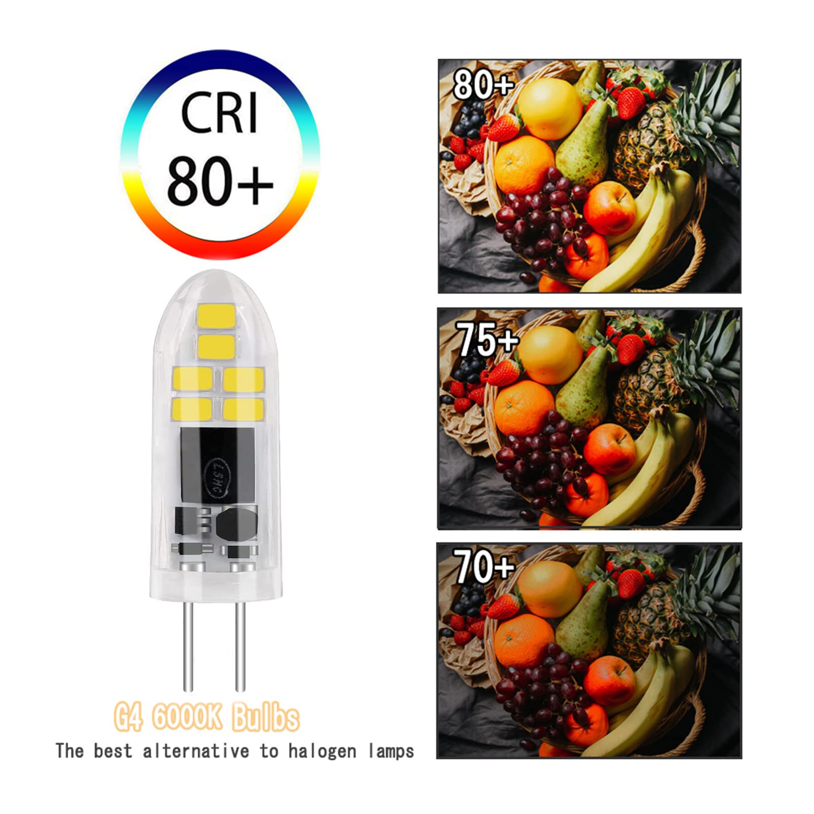 G4 LED Bulb 12V 6000K Daylight Replacement 20 Watts, AC/DC Bi Pin Light Bulbs Dimmable No Flicker for Under Cabinet Puck Light Landscape Lighting (Cool White) 10-Pack