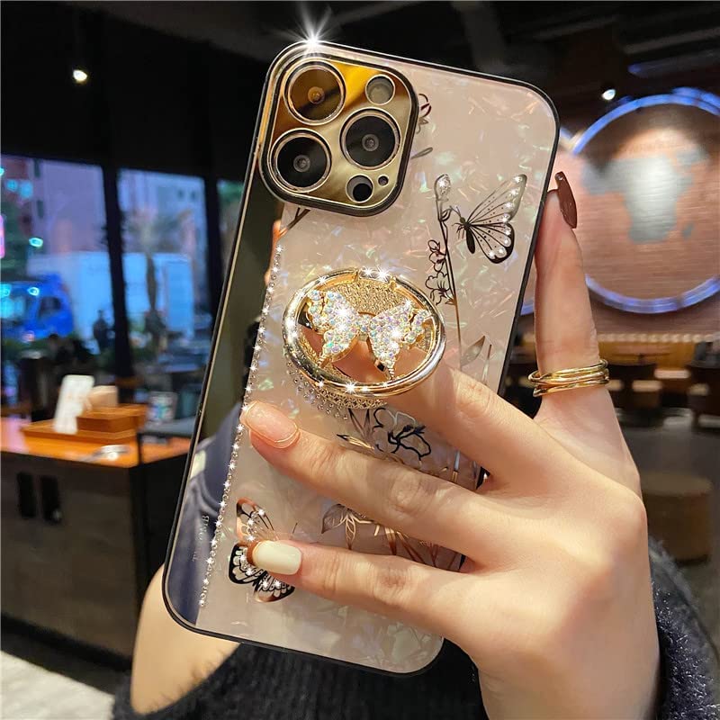 Topwin iPhone 14 Pro 6.1'' Kickstand Case, Cute 3D Butterfly Bling Glitter Marble Elegant Rhinestone Diamond Hard Back Soft TPU Bumper Cover for Girls for Apple iPhone 14 Pro 6.1 2022 (Rose Gold)