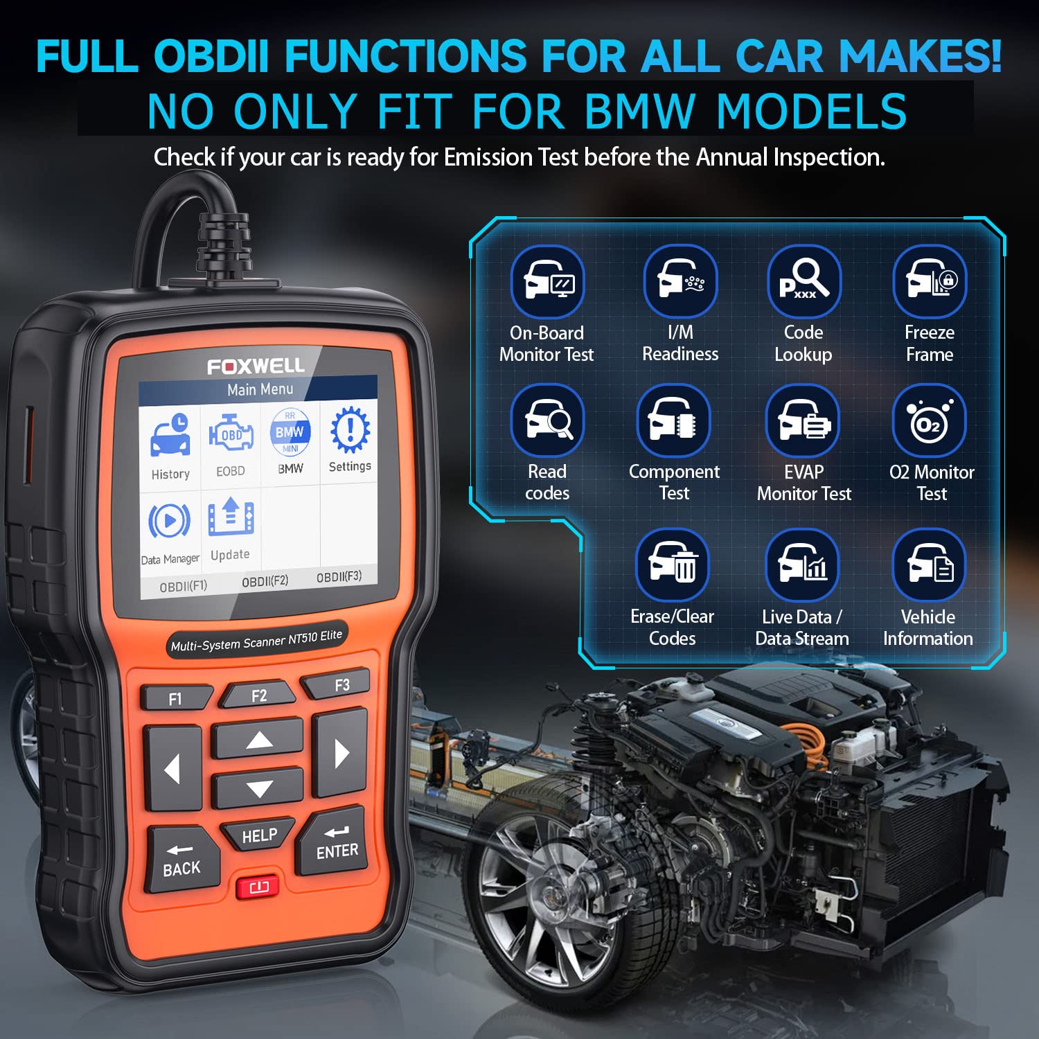 FOXWELL NT510 Elite Fit for BMW OBD2 Scanner + FOXWELL BT100 Battery Tester for 12V Car Batteries