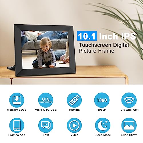 Frameo Digital Picture Frame WiFi - 10.1 Inch 32GB Digital Photo Frame Remote Control & OTG USB Cable 1280 * 800 IPS Touchscreen 16:10 Smart Picture Slideshow Share Photos Video