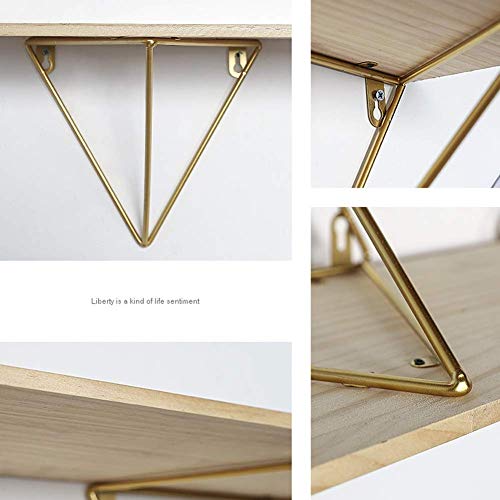 PIBM Stylish Simplicity Shelf Wall Mounted Floating Rack Shelves Iron Art Metal Solid Wood Storage Display Stand Triangle Bracket Living Room Restaurant,4 Sizes, Gold , C119x20.5x20cm
