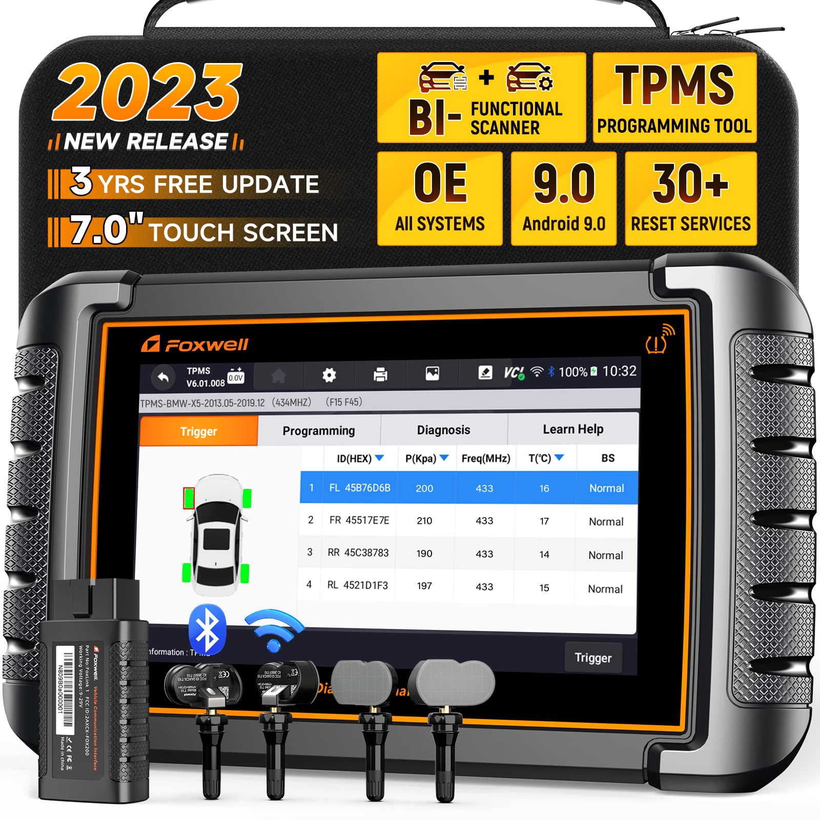 FOXWELL NT809TS OBD2 Scanner Diagnostic TPMS All System Bluetooth Bidirectional Scan Tool with 30+ Services ABS/TPMS/EPB/Airbag/SAS/Battery/Oil Reset, 3-Year Update with 4 PCS Sensors