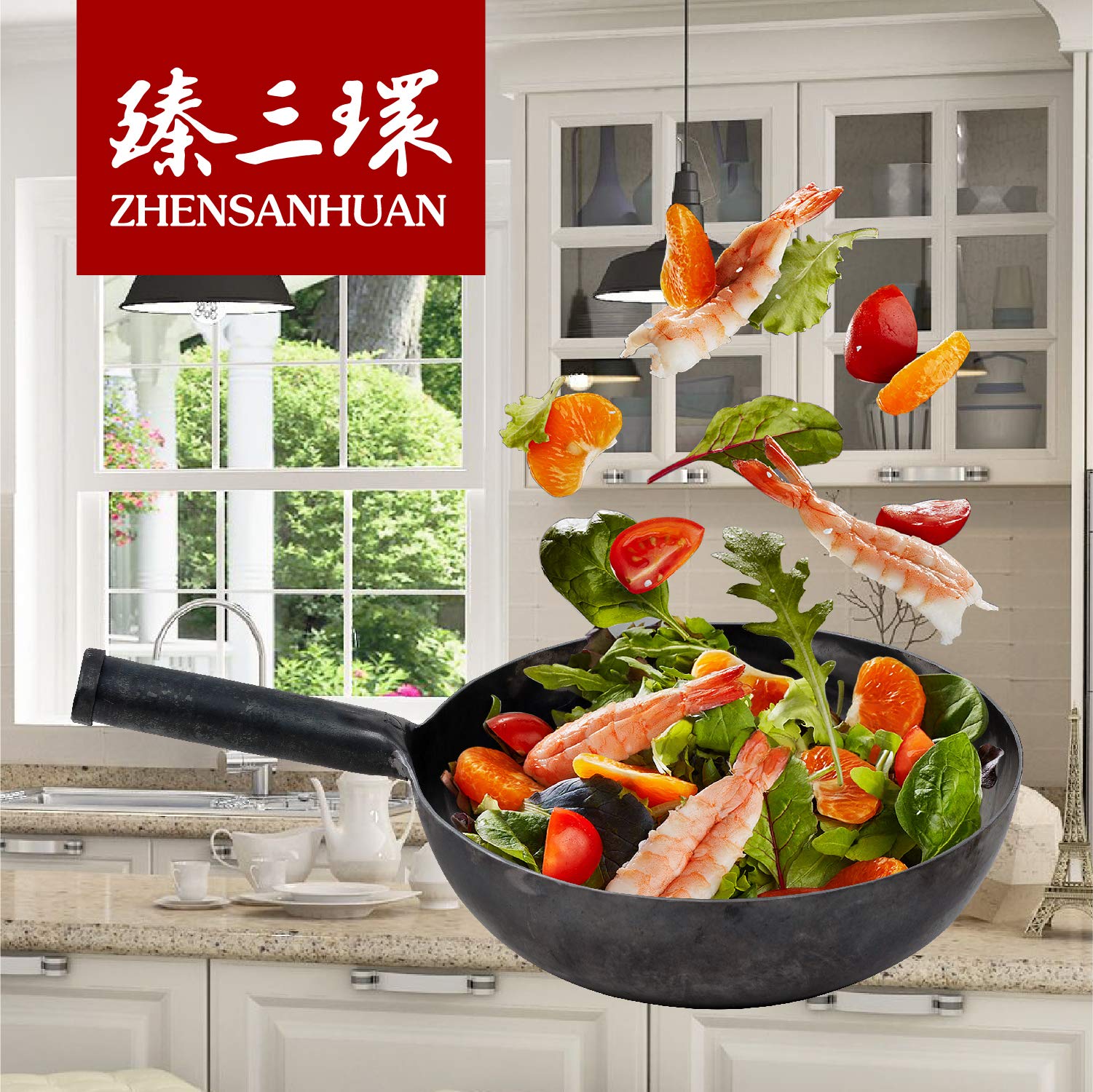 臻三环 ZhenSanHuan Chinese HandHammered Iron Woks and Stir Fry Pans, Non-stick, No Coating, Induction Suitable, 章丘铁锅,舌尖上的中国,A bite of China (30CM)