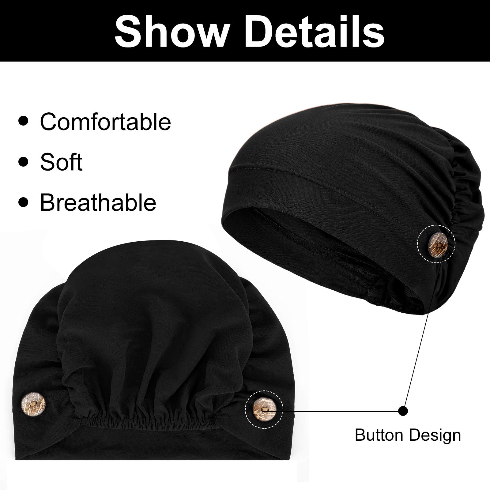 Geyoga 10 Pieces Soft Bouffant Caps with Buttons, Gourd-Shape Caps Stretch Bouffant Hats Unisex Stretchy Headband Turban with Ear Loop Holder Buttons Multicolor