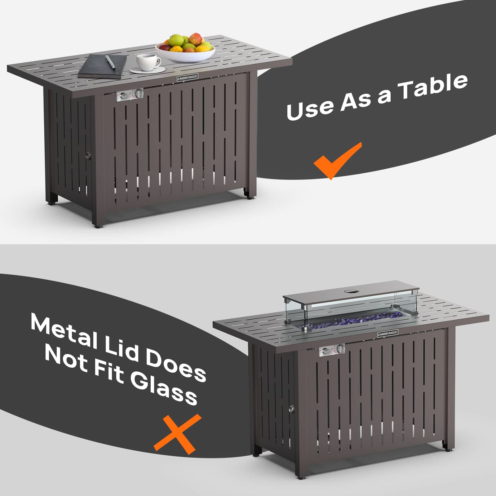 EMBRANGE 43-" Propane Gas Fire Pit Table, Pulse Ignition 50,000BTU CSA Certification Rectangle Firepit Table with Glass Wind Guard Fire Glass Metal Lid & Cover for Outside (Brown) (USAKKOYN1038057)