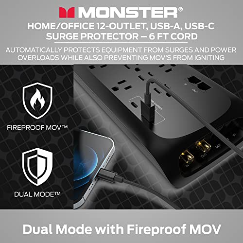Monster Black Heavy Duty Surge Protector Power Strip 6 ft Cord with 12 120V-Outlet Extension, 2 Ethernet Switch Ports, 4050J Rating, 1 USB-A, and 1 USB-C Charging Ports – Ideal for Computers & Offices