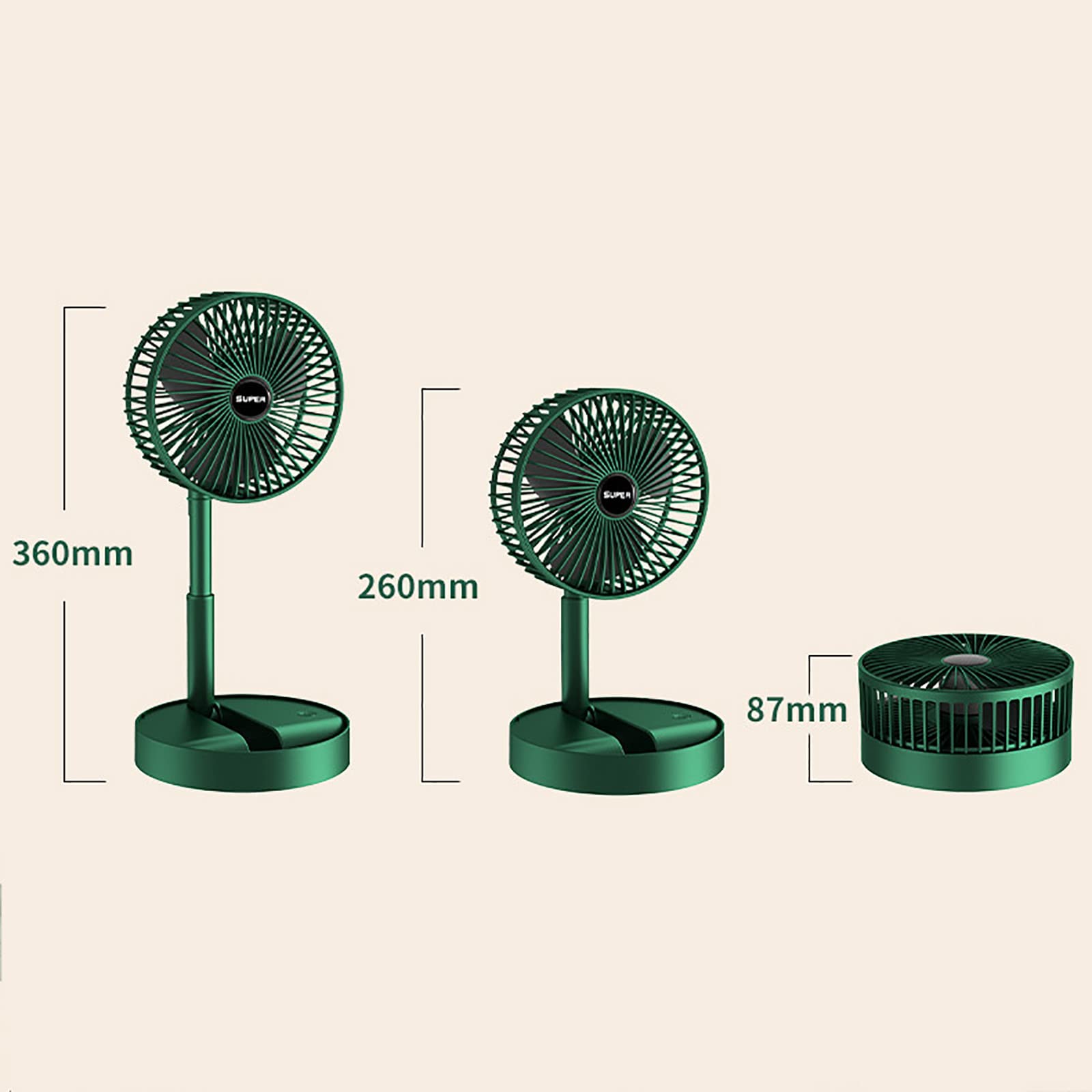 E I F E R Portable Folding Desk Fan with Phone Stand and Mini Storage Box, USB Rechargeable, 3 Speeds, for Desktop or Countertop Use, Green, Summer Essential Tool