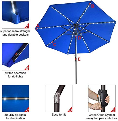 TechFaith Solar 32 LED Light Patio Umbrella with 8 Ribs/Tilt Adjustment and Crank Lift System Outdoor Umbrella (Blue)