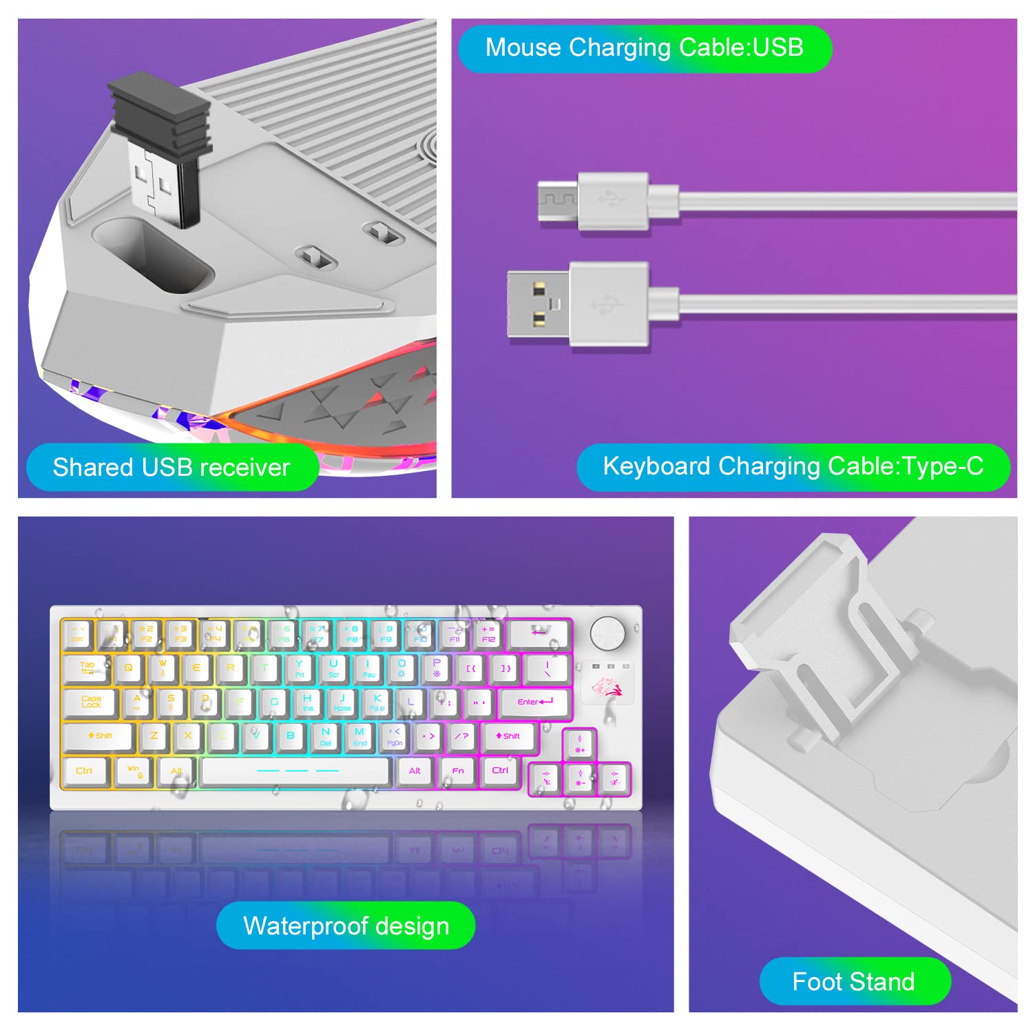 FELICON Small Double Color Keyboard and Mouse Combo, Rechargeable RGB Backlit 64 Key TKL Mechanical Keyboard and Crack Backlight Mouse, Mouse Pad for PC, MAC, Gamer