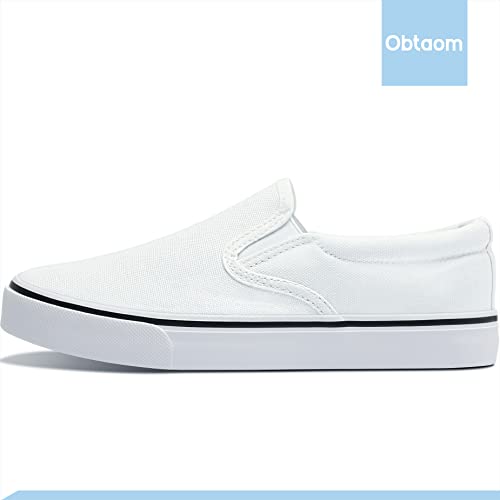Obtaom Women's White Sneakers Black Slip on Shoes for Women Low Top Canvas Shoes Loafers(White US5)