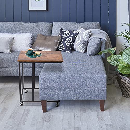 Zoyoleader C Shaped End Side Table, Vintage Sofa Couch Table with Wheel, Industrial Bedside Table with Metal Frame for Living Room, Bedroom, Rustic Brown (C Shape)