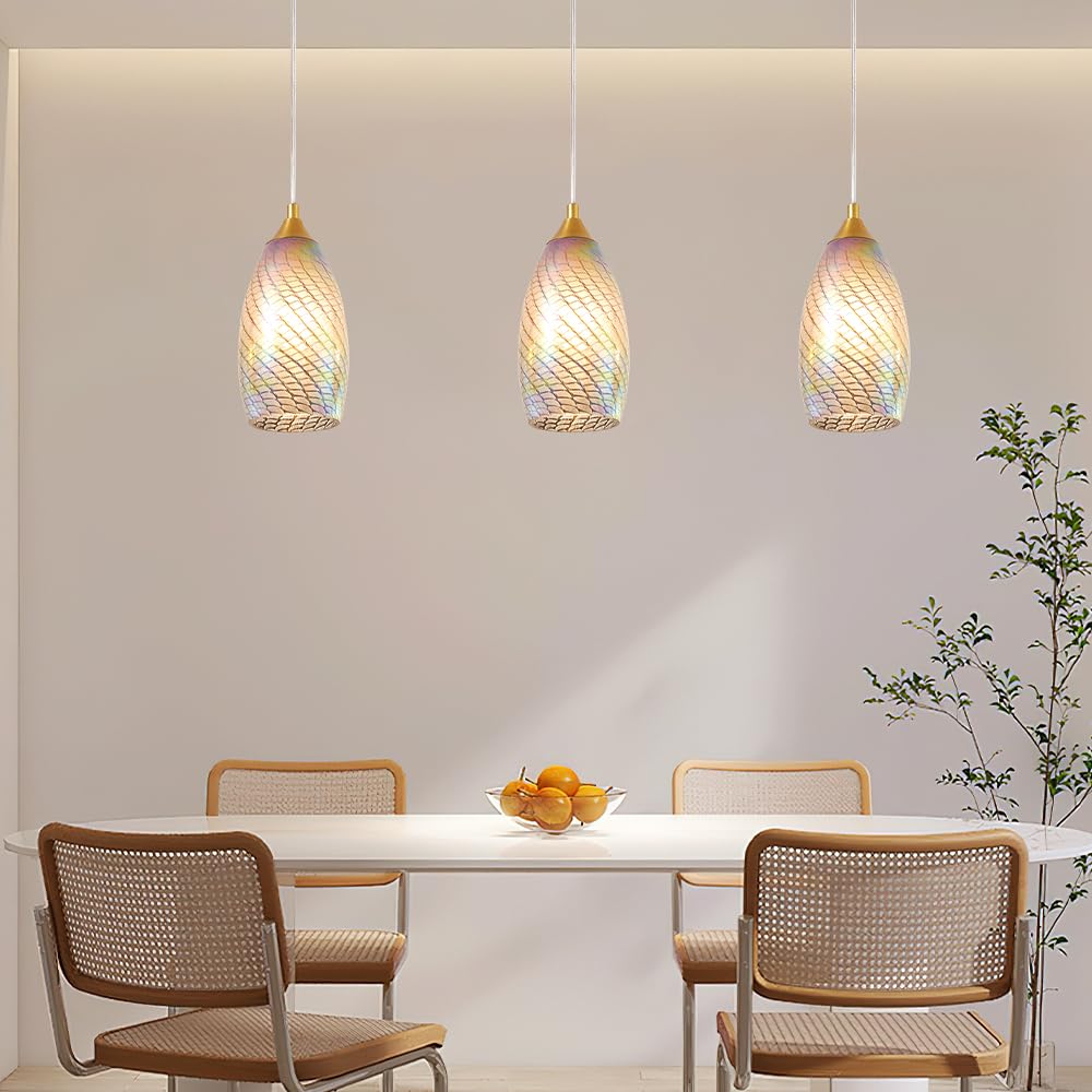 Eicrkodn Mini Glass Pendant Lights Kitchen Island, Handcrafted Blown Art Glass Ceiling Pendant Lighting with Brushed Gold Finish, Adjustable Cord Pendant Lights for Hallway,Dining Room, 3 Pack