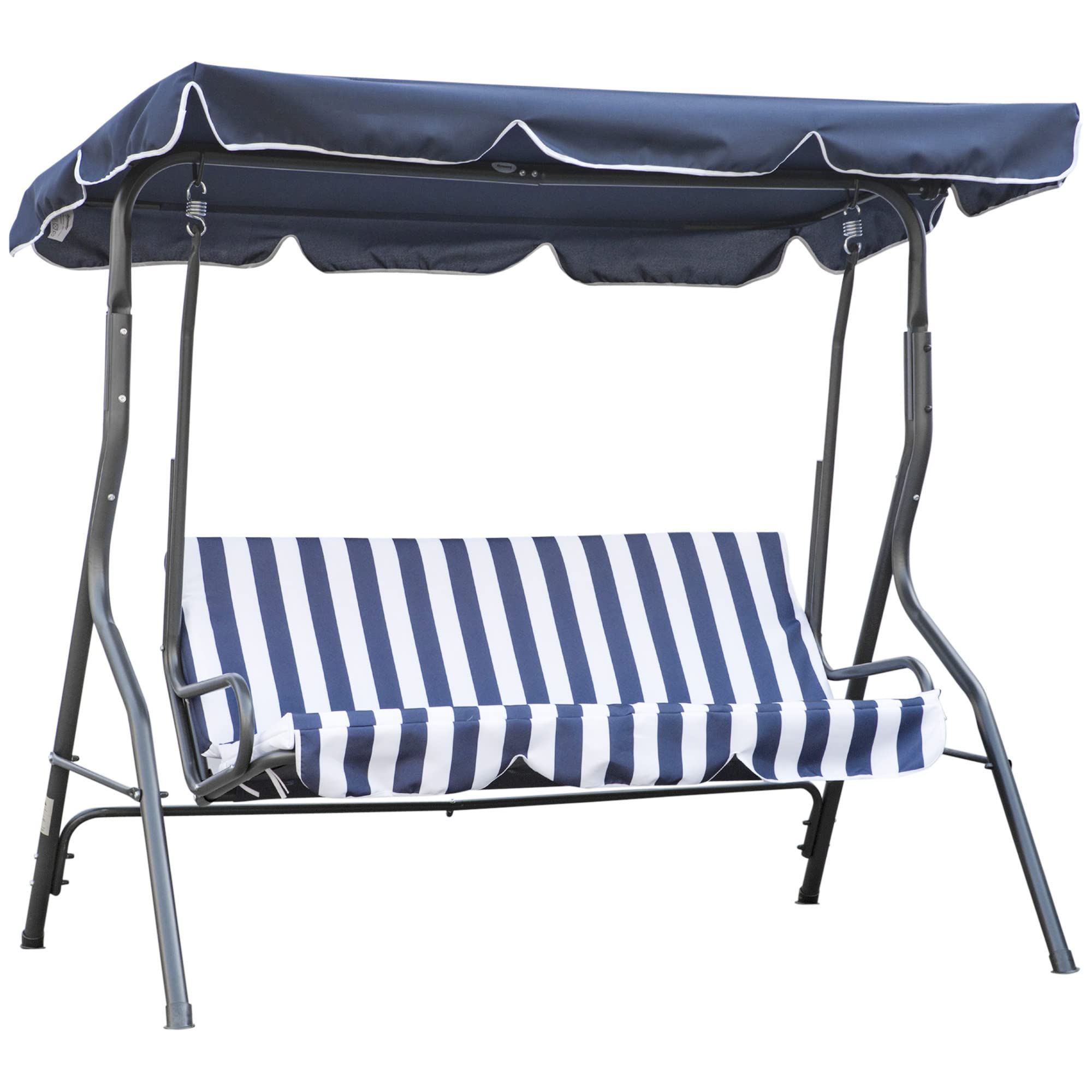 Outsunny 3-Person Patio Porch Swing with Adjustable Canopy for Adults, Steel Frame, Seat & Backrest Cushion, Armrests, Dark Blue & White Striped
