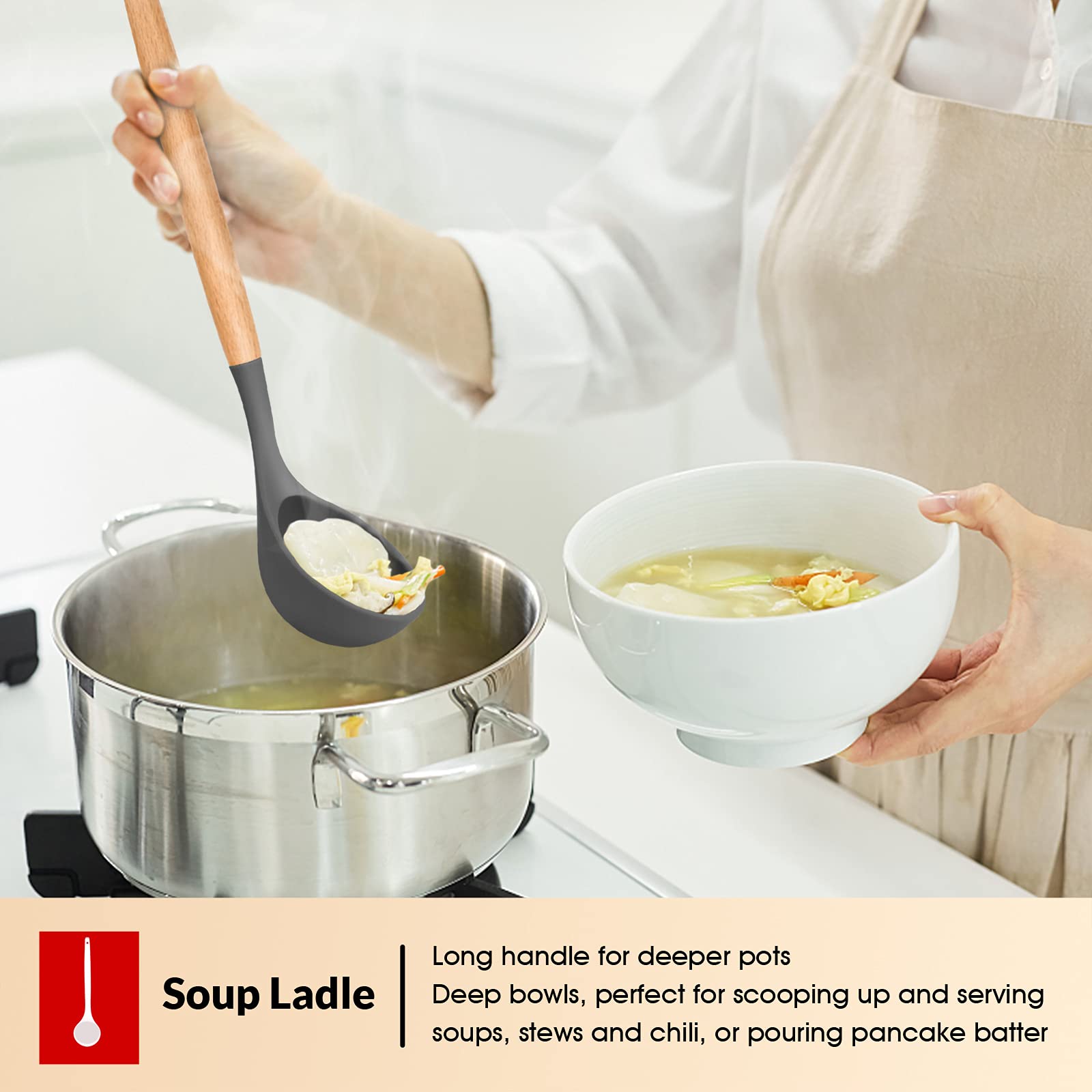 E-far Cooking Utensils Set of 6, Silicone Kitchen Utensils with Wooden Handle, Non-stick Cookware Friendly & Heat Resistant, Includes Spatula/Ladle/Slotted Turner/Serving Spoon/Spaghetti Server(Gray)
