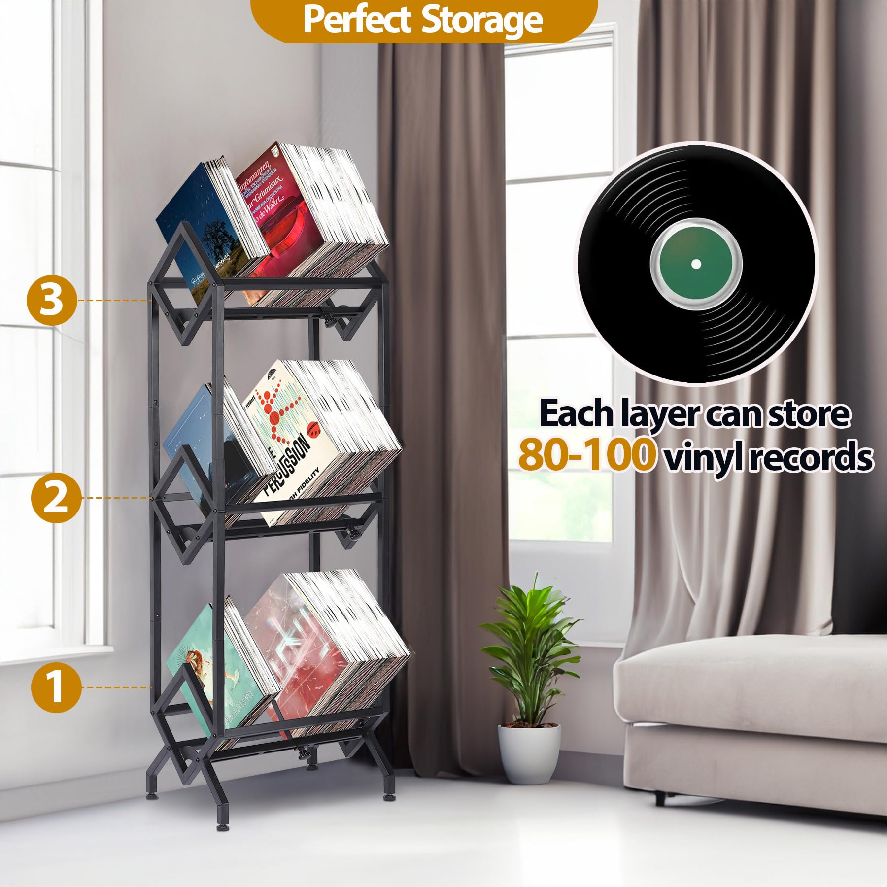 Eastrexon 3 Tier Vinyl Record Storage Rack with Casters, 240-300 LP Storage Display Stand, Metal Vinyl Record holder, Design for Files/Book/Magazine Records Rack