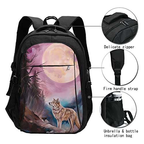 Native American Indians and Wolves Travel Laptop Backpack - Anti Theft Durable Business Laptops Backpack with USB Charging Port