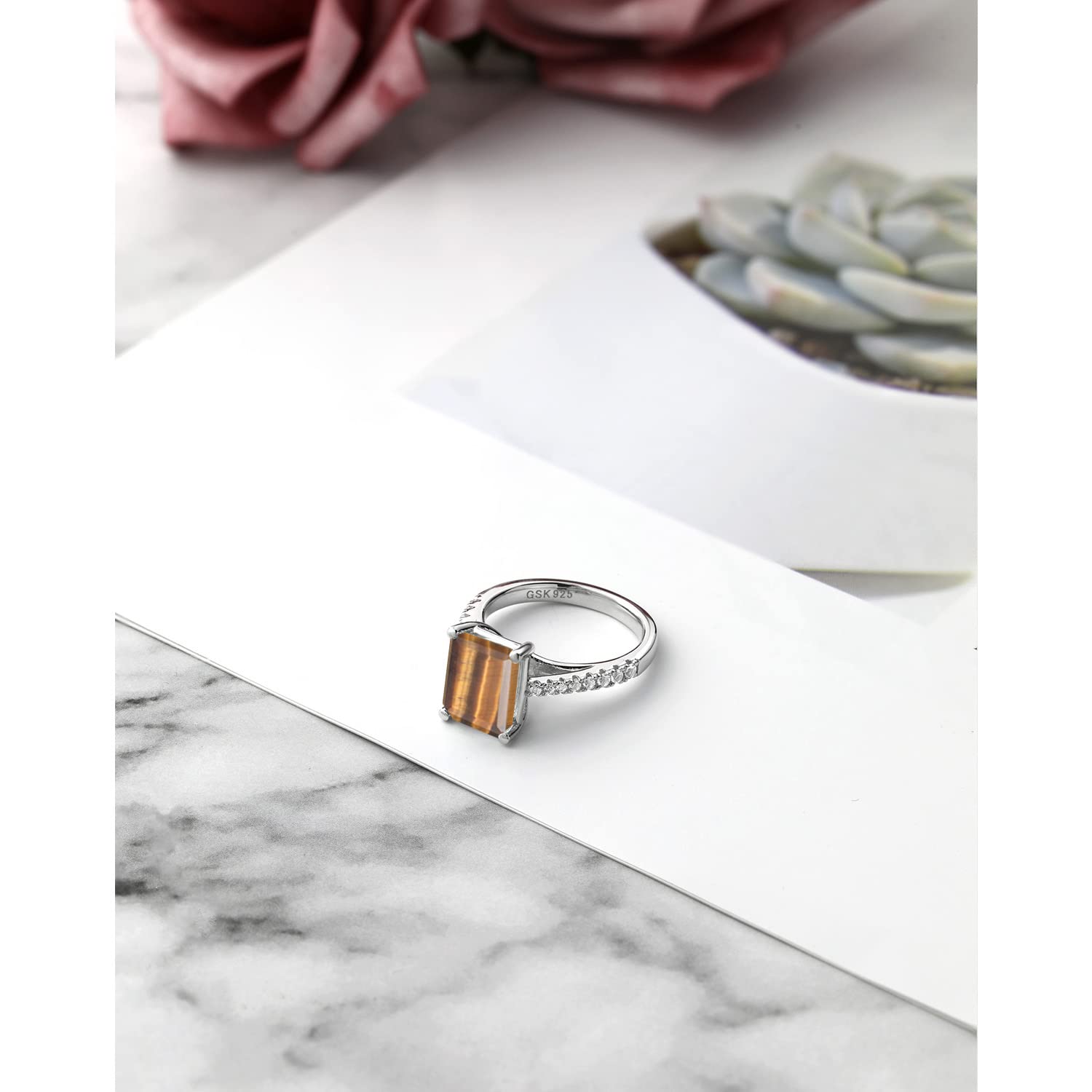 Gem Stone King 925 Sterling Silver Brown Tiger Eye and White Created Sapphire Ring For Women (3.26 Cttw, Available In Size 5, 6, 7, 8, 9)