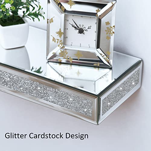 SHYFOY Mirrored Floating Shelves Wall Mounted Set of 2, Glitter Mirror Storage Wall Shelves for Bedroom, Living Room, Bathroom, Kitchen, Office and More, 15"x5.9"x2.2", Silver