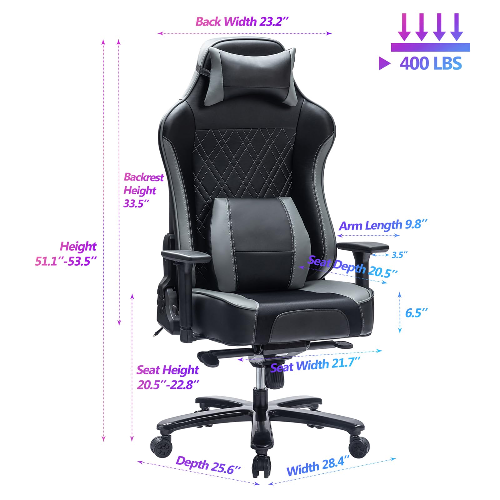 Fantasylab 400lb Gaming Chair Big and Tall Gaming Chair Breathable Computer Chair, 3-D Adjustable Armrest Air-Cooling System Heavy Duty Metal Base