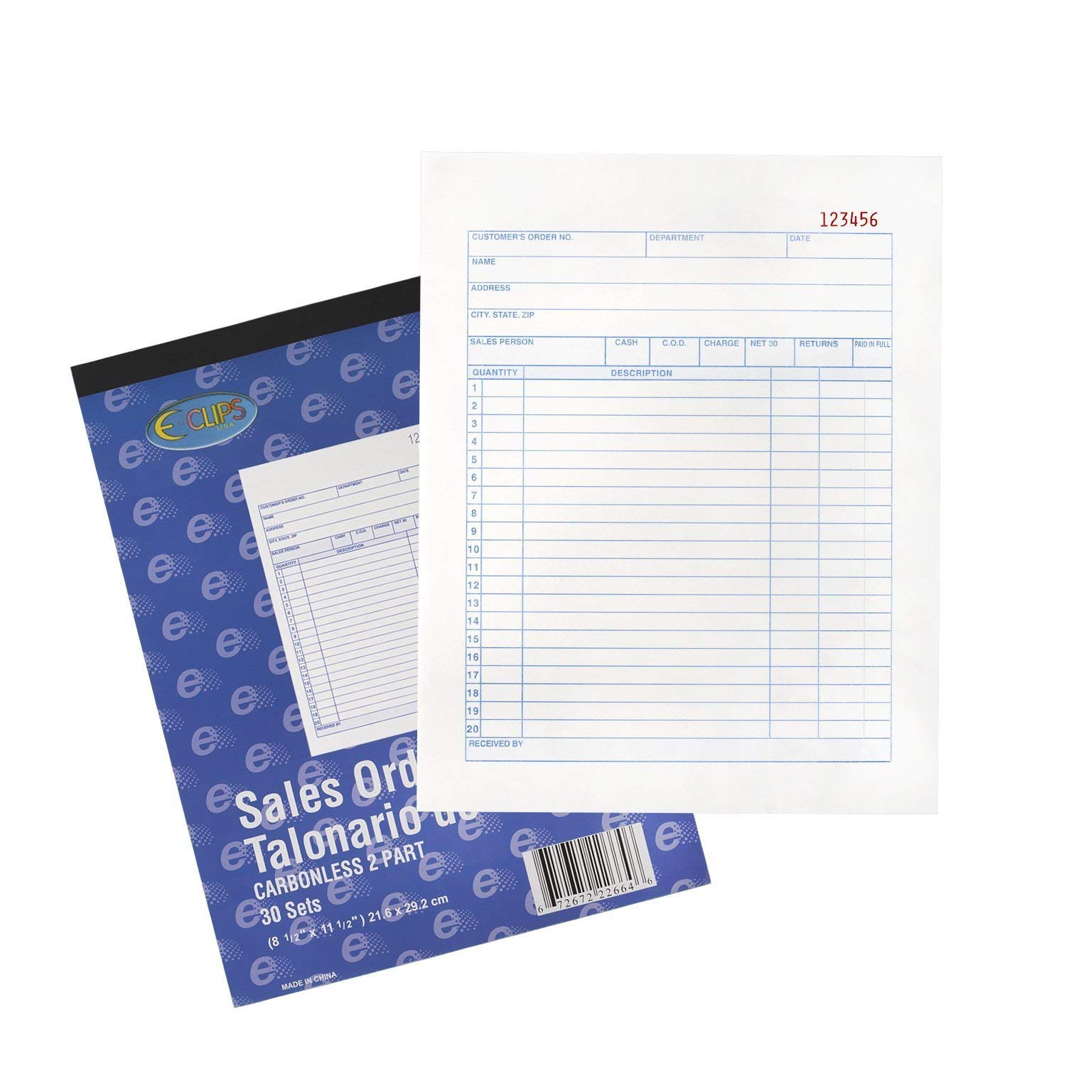E-Clips 22664 Sales Order Receipt Invoice Book, 30 Carbonless 2 Part White and Canary Yellow Copies, 8.5x11-inch 1-Book