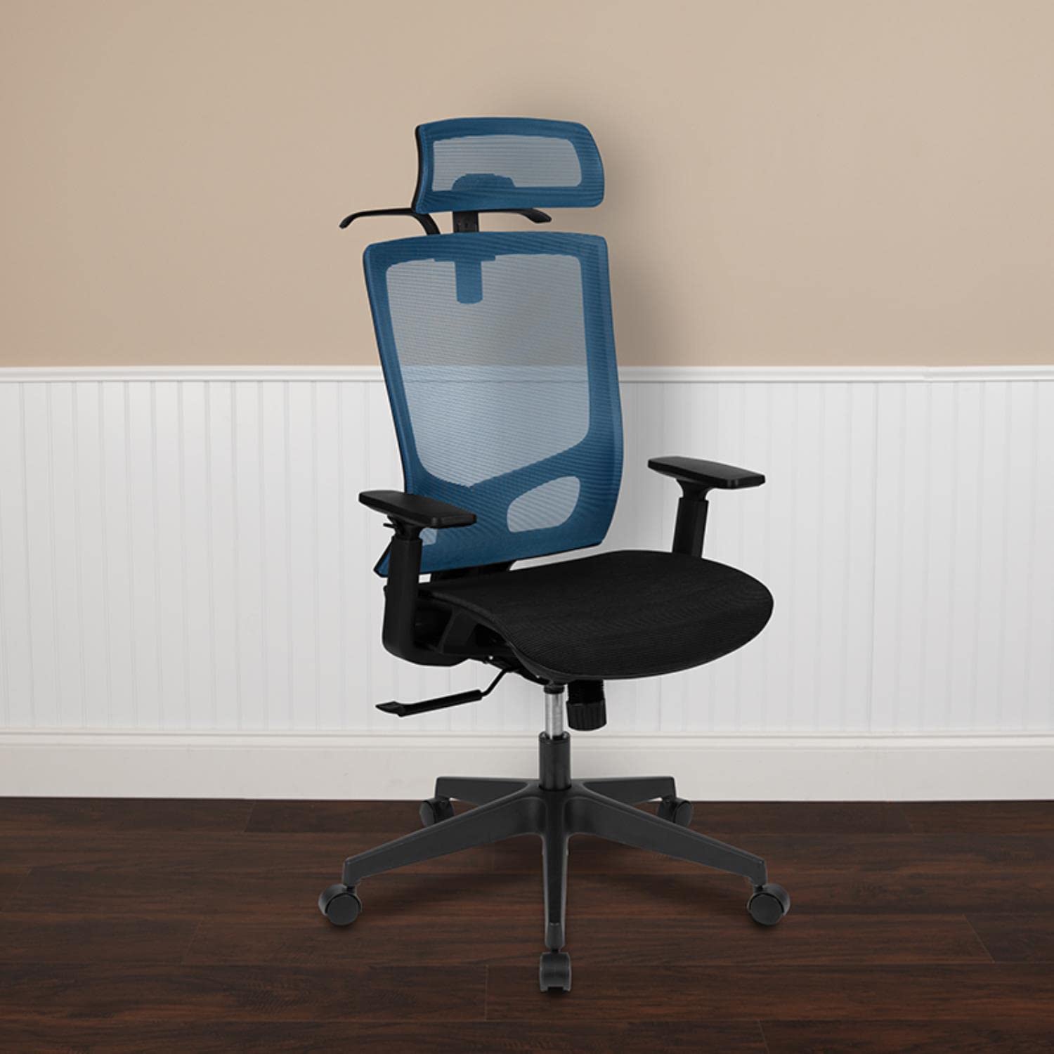 Flash Furniture Layla Ergonomic Mesh Office Chair with Synchro-Tilt, Pivot Adjustable Headrest, Lumbar Support, Coat Hanger and Adjustable Arms in Blue/Black