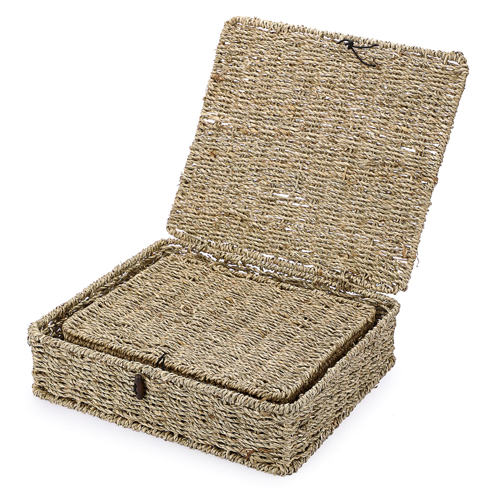 Hipiwe Set of 2 Flat Wicker Baskets Bins with Lid Handwoven Seagrass Storage Baskets Box Multipurpose Shelf Basket Bin Home Organizer Basket for Shelf Closet