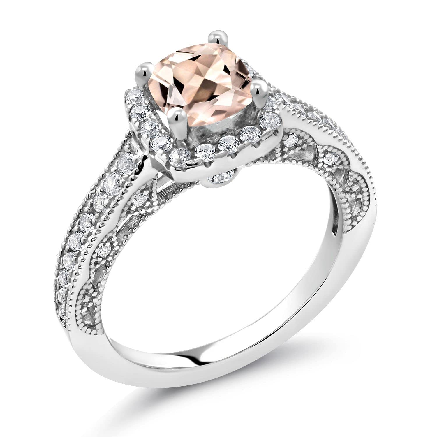 Gem Stone King 925 Sterling Silver Peach Morganite and White Created Sapphire Women Ring (1.40 Cttw, Cushion 6MM, Available in size 5, 6, 7, 8, 9)