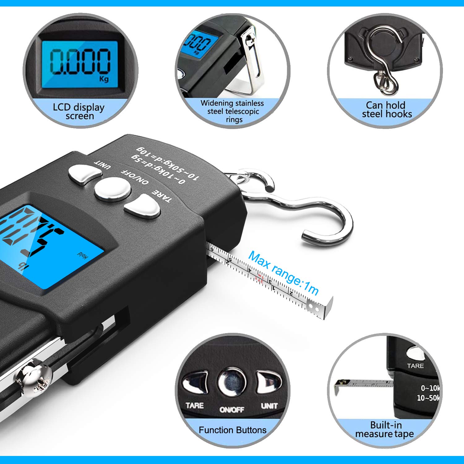 Fish Scale,JOOKKI Hanging Scale Portable Dial Scale LCD Digital Weight Electronic Scale 110lb/50kg with a Tape Measure for Tackle Bag,Luggage,Baggage,(Black)