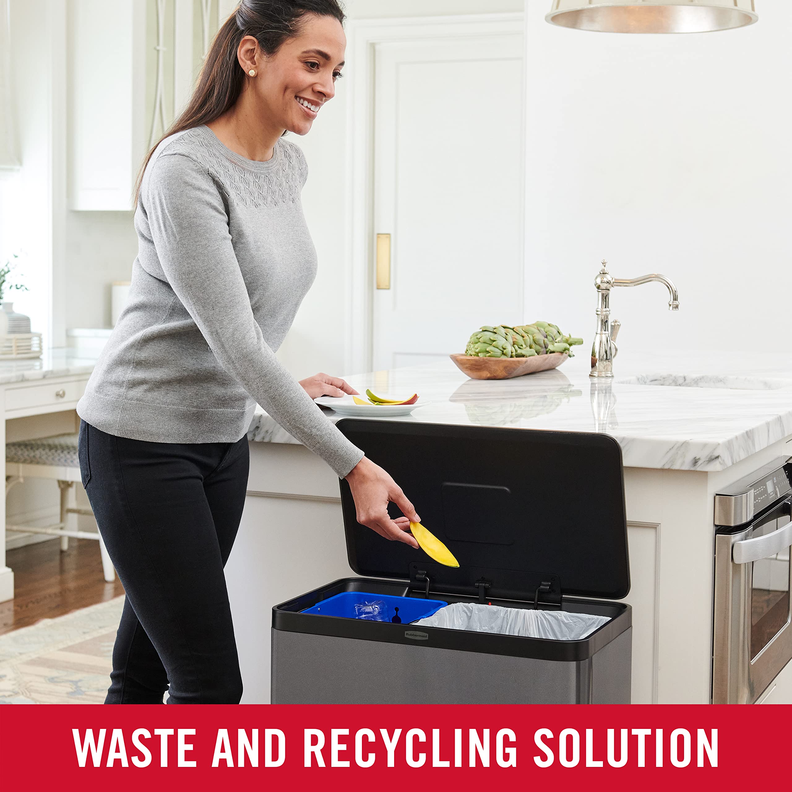 Rubbermaid Elite Stainless Steel Metal Dual Stream Step-On Trash Can for Home, Kitchen Waste and Recycling, 15.9 Gallon, Charcoal