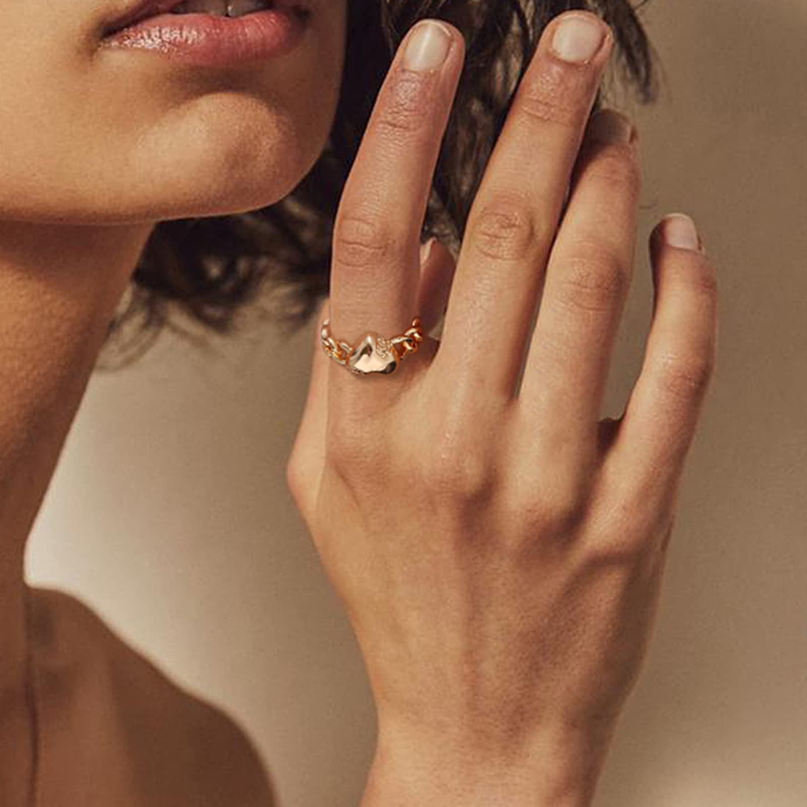 GDCOIN Gold Ring for Women Love Heart Stacking Rings丨14k Gold Plated Link Chain Rings丨Promise Band Ring Hypoallergenic丨Size 7