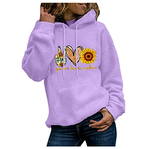 Ladies Hooded Sweatshirt Pullover Casual Print Long-Sleeved O-Neck Pocket Top Long Sweatshirt Hoodie Purple